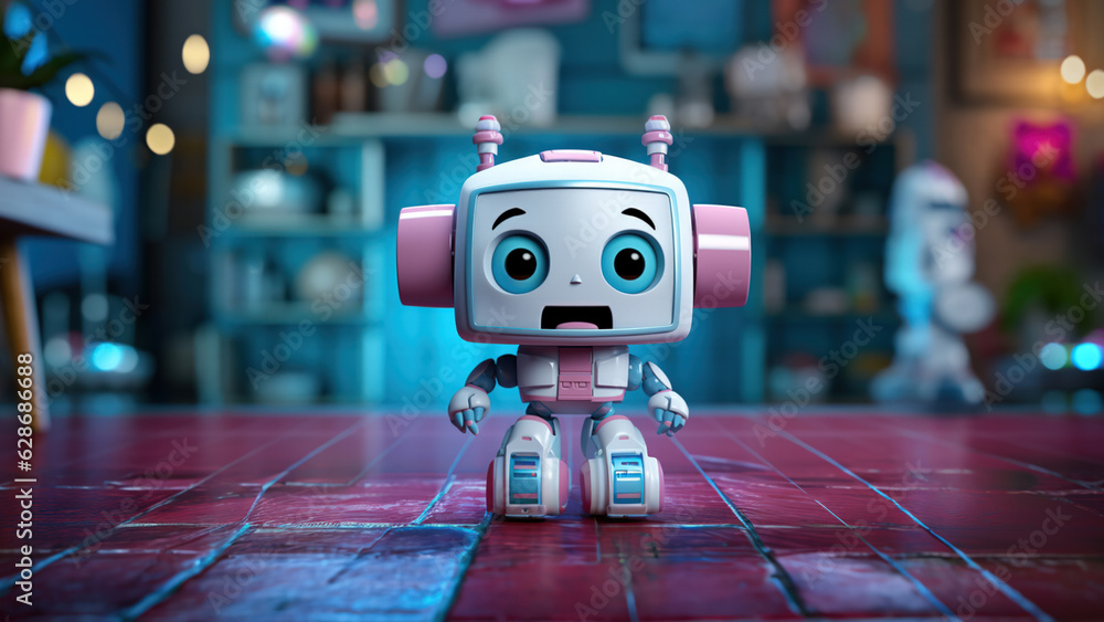 A photo realistic image of a small robot toy with a square head, two ...