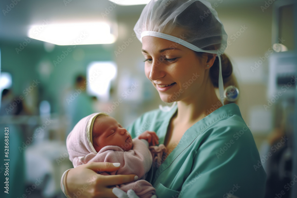 Nurse cradling a day-old infant, newborn baby, displaying genuine ...