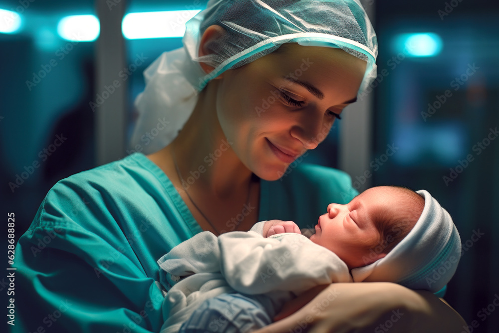 Foto de Nurse cradling a day-old infant, newborn baby, displaying ...