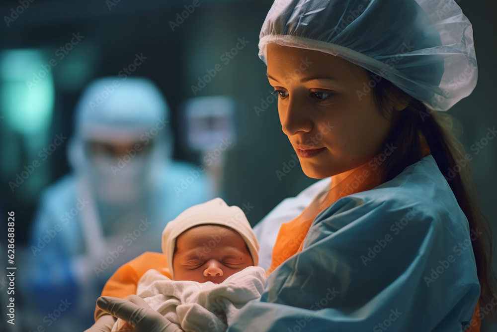Nurse cradling a day-old infant, newborn baby, displaying genuine ...