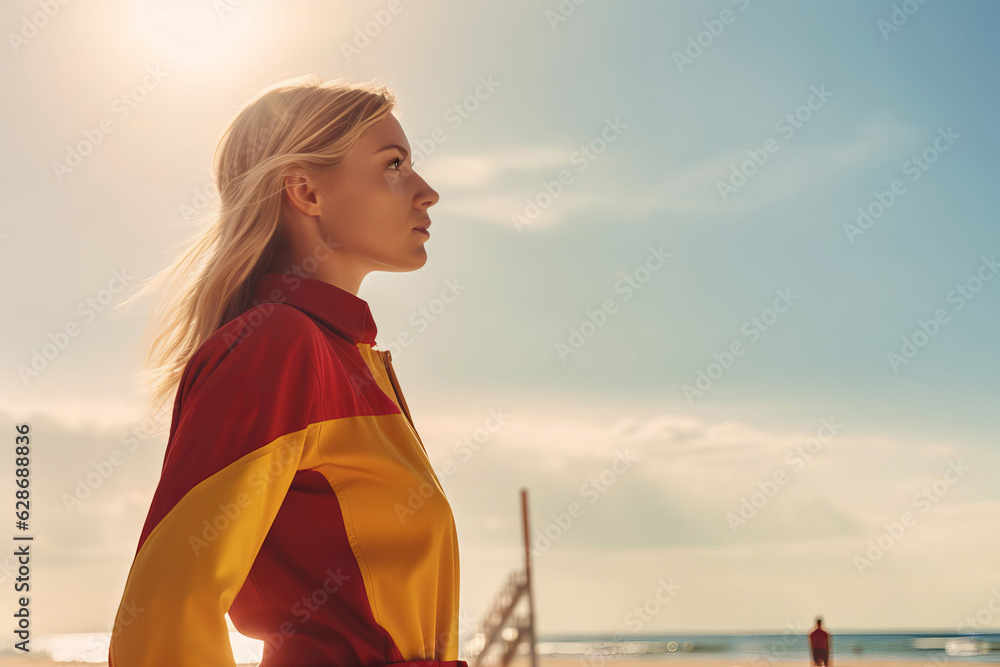 Devoted female lifeguard dutifully watches over swimmers in the ocean ...