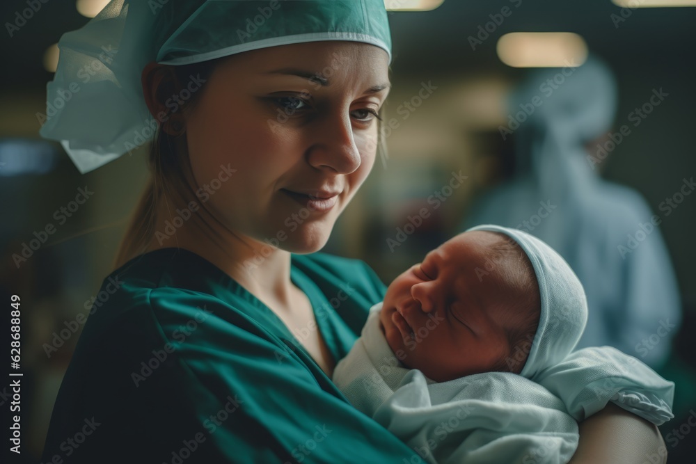 Nurse cradling a day-old infant, newborn baby, displaying genuine ...