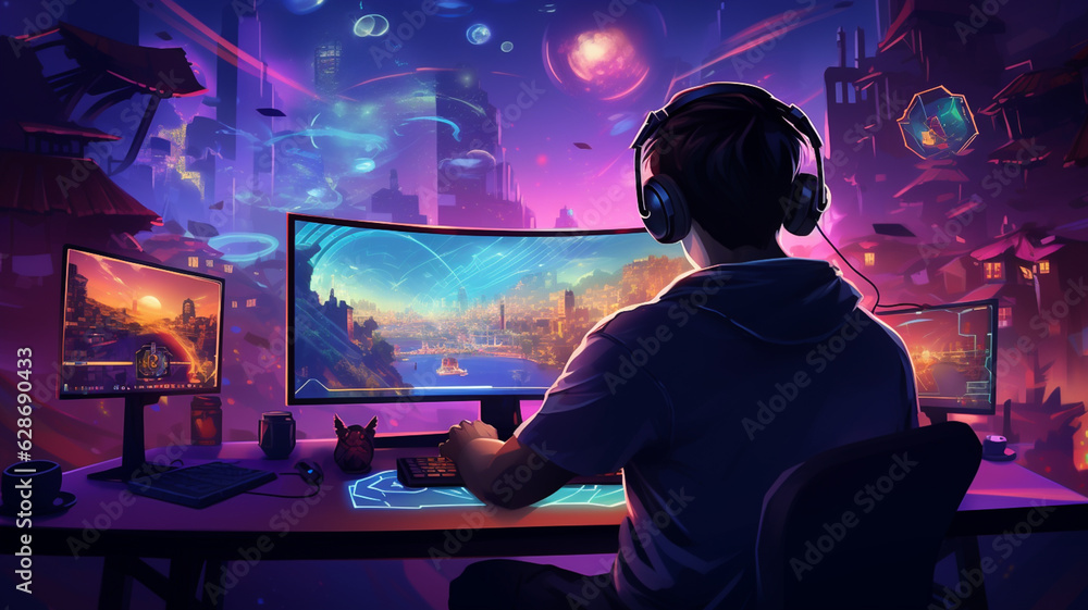 E sport computer gaming background illustration, gamers behind pc ...