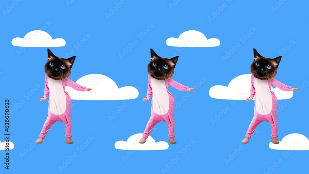 Creative design with cats in pink pajamas dancing against blue ...