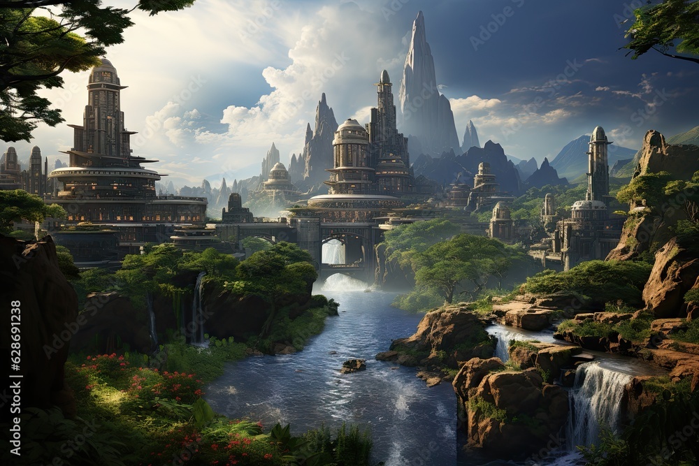 beautiful mystical ancient looking city backdrop - background with a ...