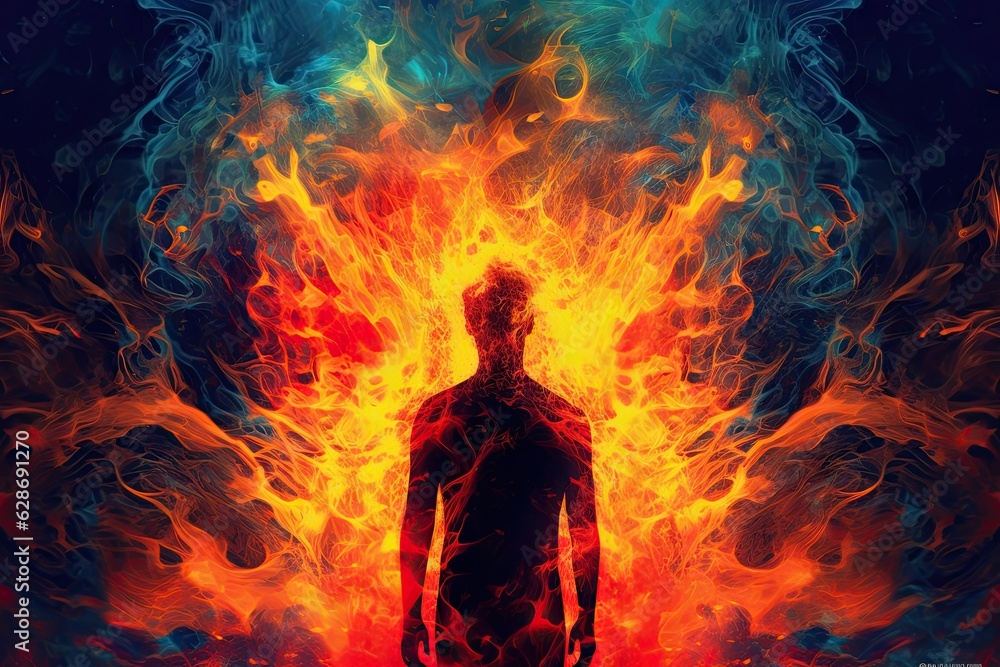 silhouette of a person standing in vibrant red and yellow flames with a ...