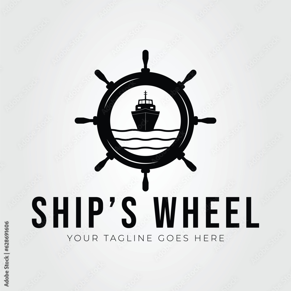 ship's wheel with silhouette ship on ocean logo vector illustration ...