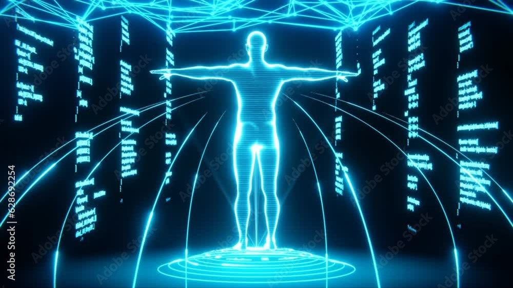 Rotating generic human being hologram with abstract tech interface and ...