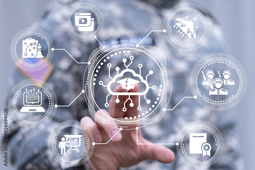 American soldier using virtual touch screen presses icon: cloud with ...
