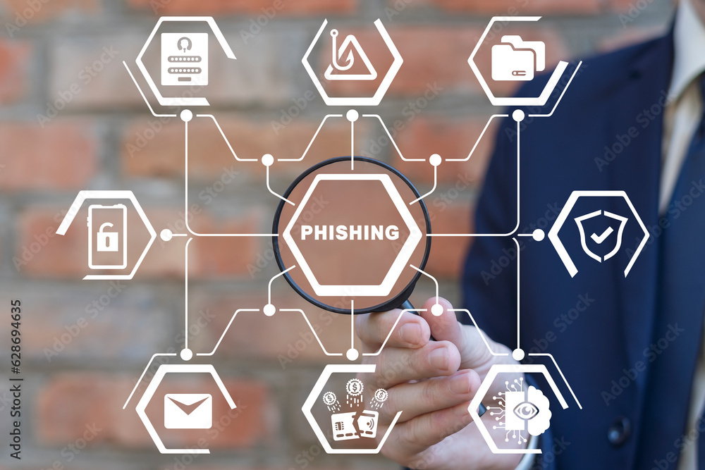 Man using magnifier and virtual touch screen sees word: PHISHING ...