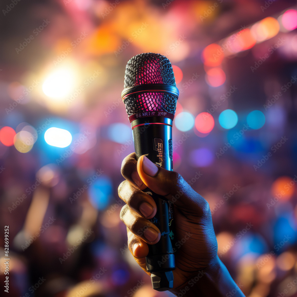 Microphone being held up at a concert, faint pink glow bokeh background ...