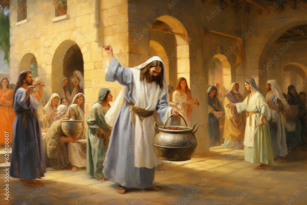 Jesus Christ turns water into wine. Religion Bible. History. During a ...