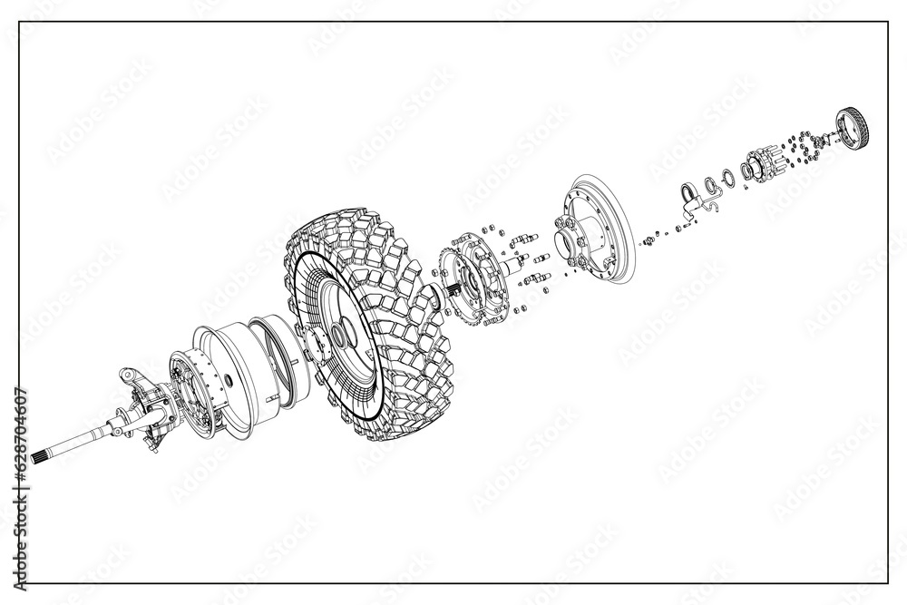 3D design of a wheel hub and automotive suspension with exploded view ...