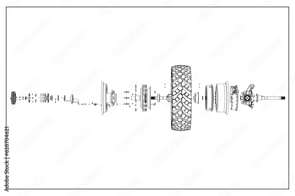 3D design of a wheel hub and automotive suspension with exploded view ...