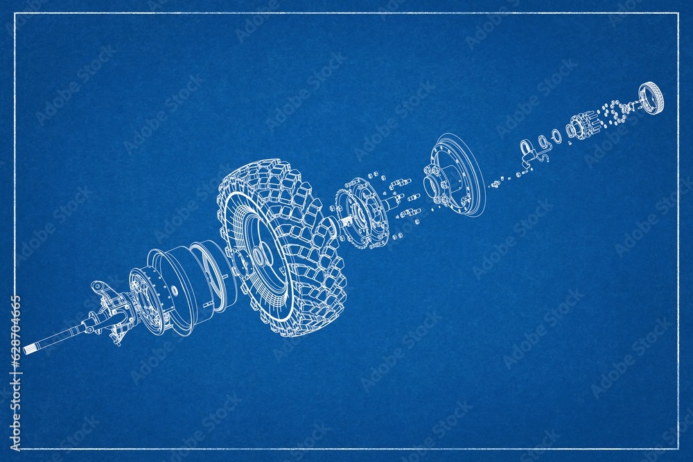3D design of a wheel hub and automotive suspension with exploded view ...