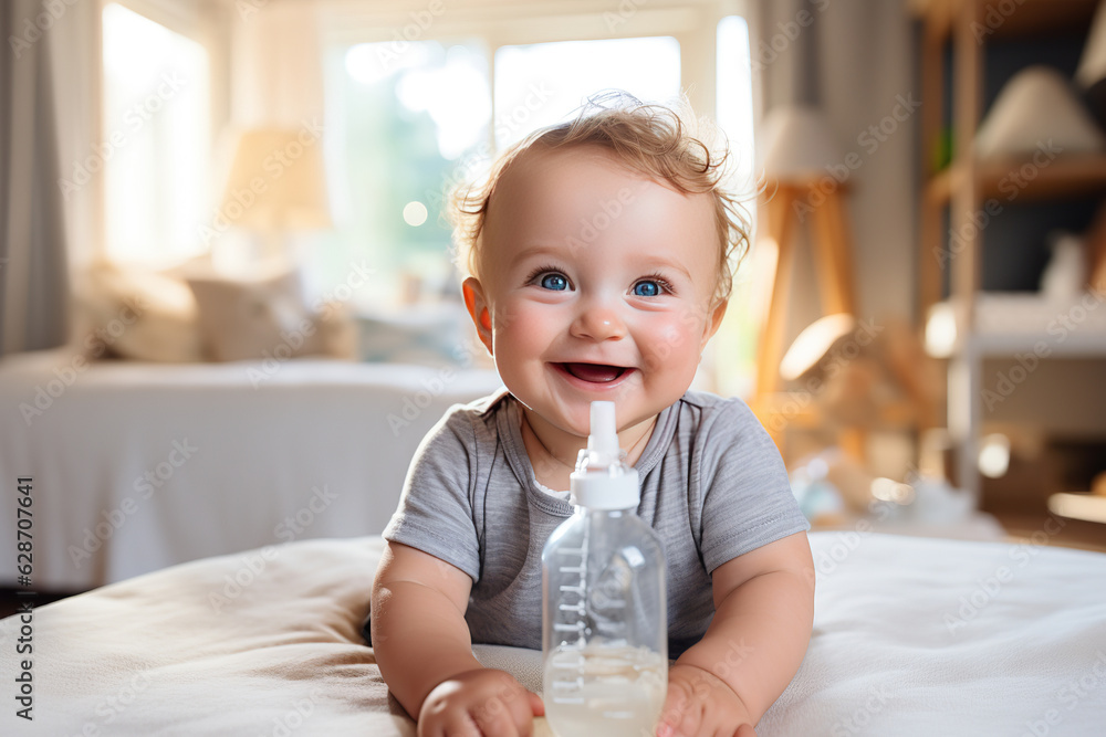 Cute baby boy drinking from bottle. Kid lying on carpet in nursery at ...