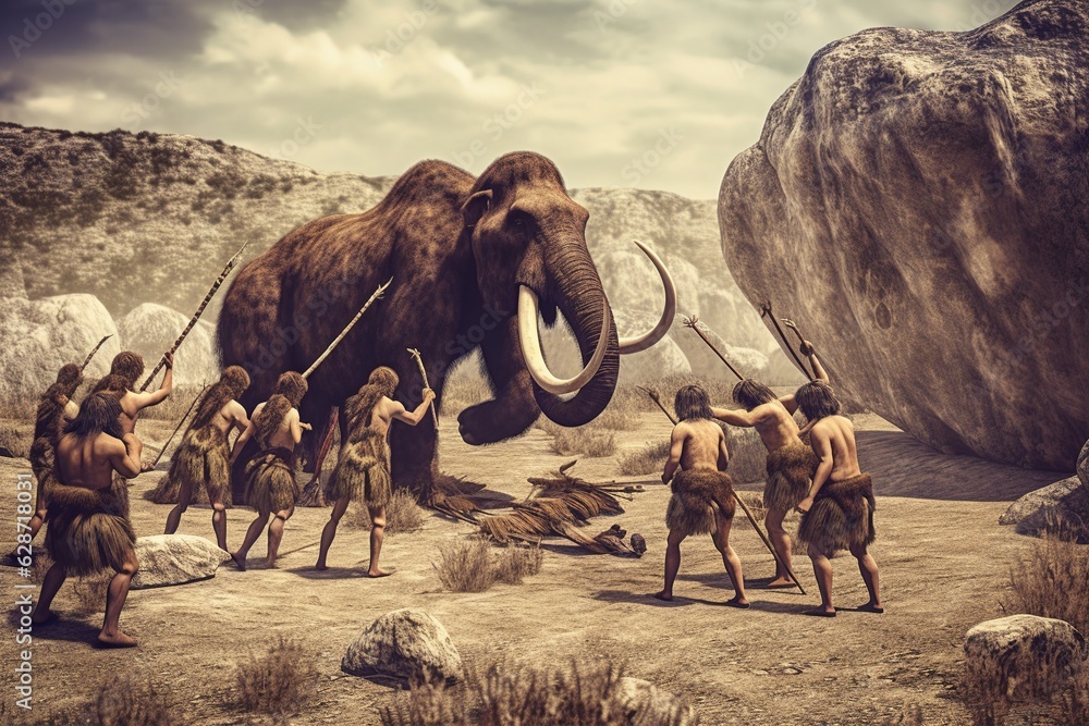 group of neanderthal cavemen hunting a mammoth, stone age humans Stock ...
