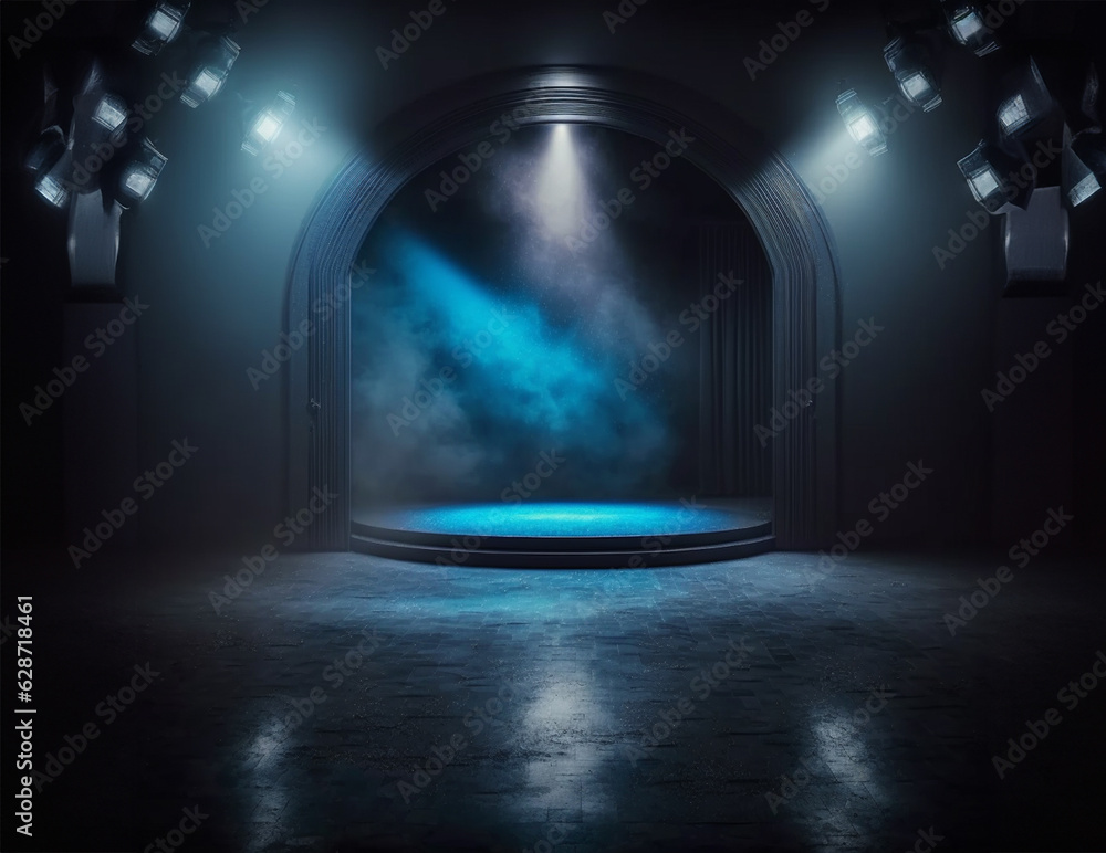 bright studio spotlight in a dark empty stage warehouse space with a ...
