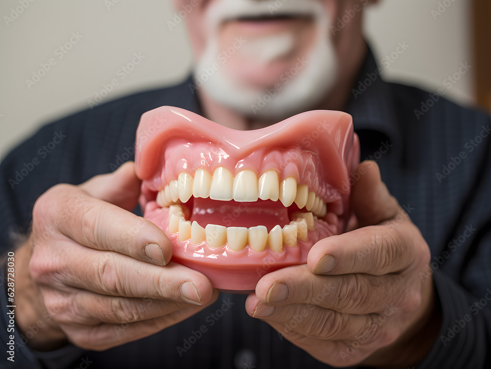 An old man holds his denture, removable denture Stock Photo | Adobe Stock