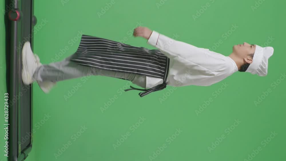 Full Body Of Side View Asian Man Chef Walking On Treadmill And Looking ...