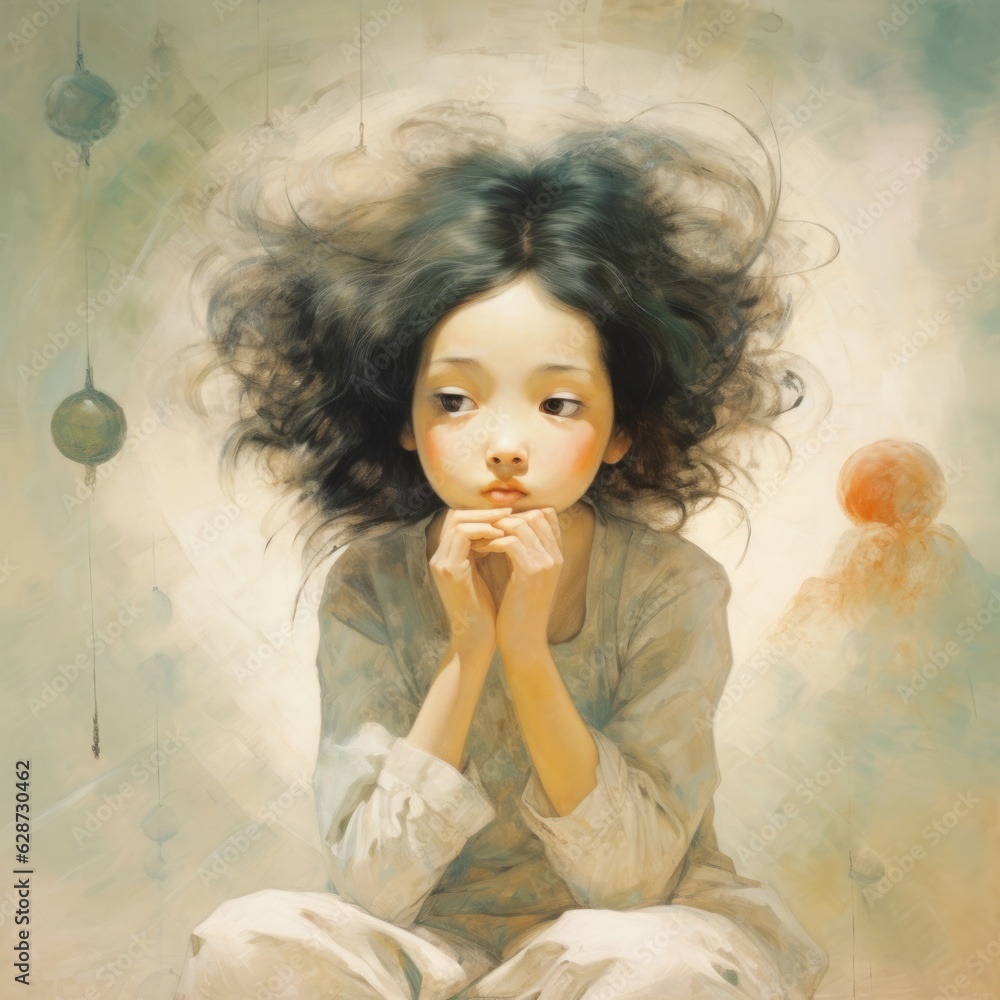 Asian girl in thinking and doubts cartoon illustration. Cute kid ...
