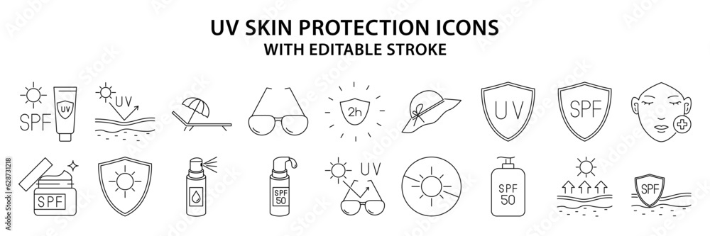 UV protection Icons. UV skin Protection icon set. SPF icons. Sunblock ...