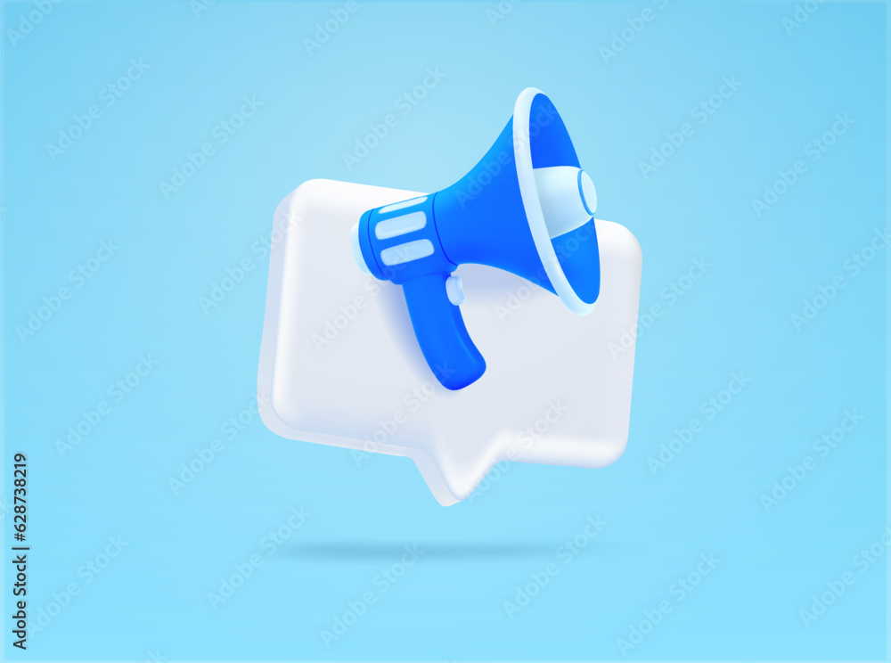 3d blue bullhorn, megaphone, loudspeaker with chat bubble, minimal ...