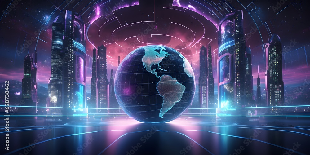 Metaverse digital world cyber space background, neon colorful global ...