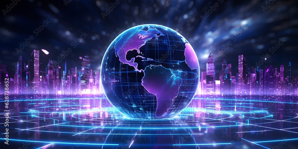 Metaverse digital world cyber space background, neon colorful global ...
