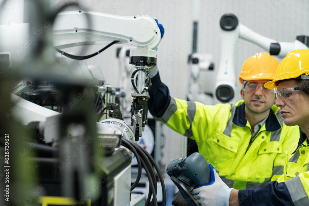 Two male automation machine engineer students studying training ...