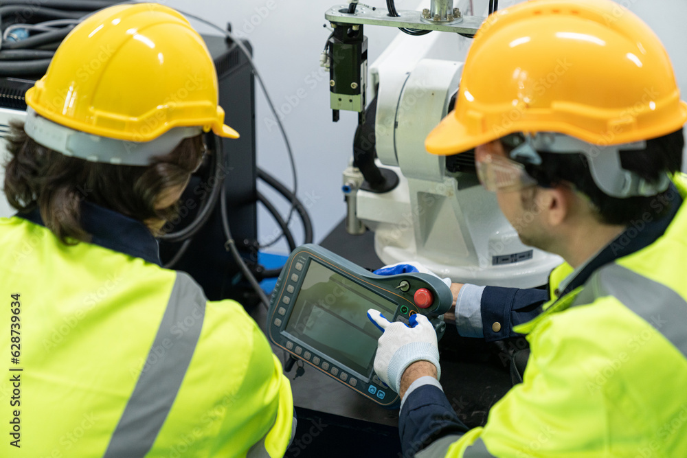 Two male automation machine engineer students studying training ...
