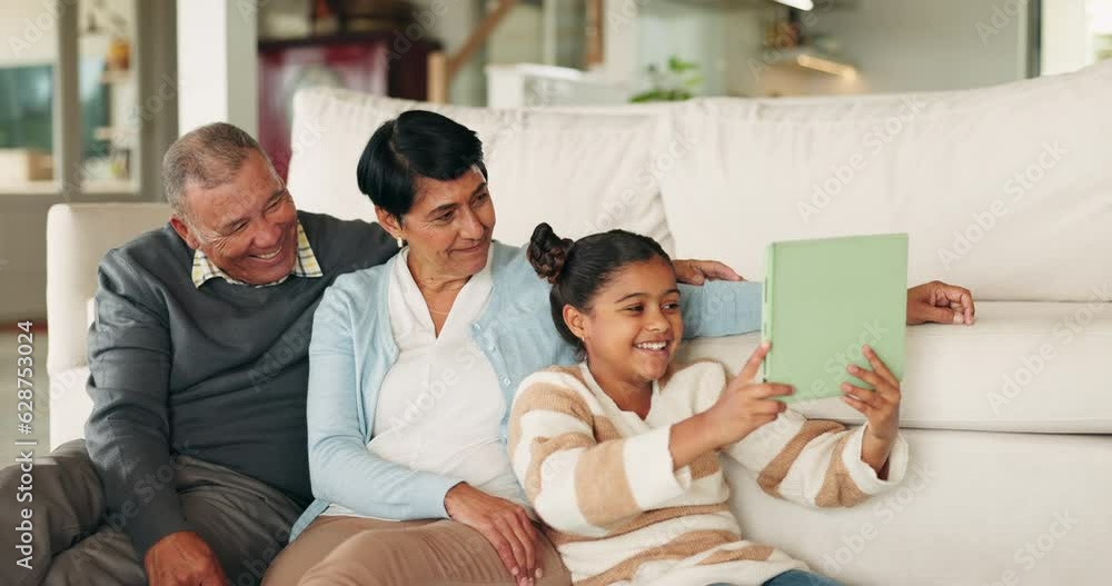 Grandparents, smile and kid with selfie in home living room, bonding ...