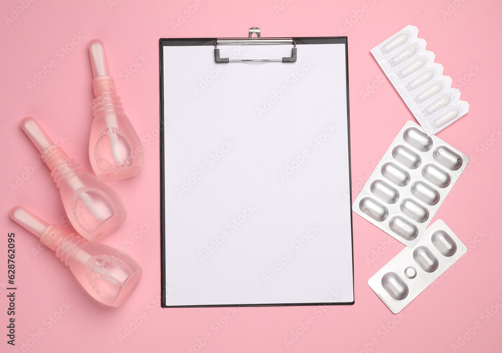 Visit to the gynecologist, Women's health. Clipboard, vaginal enemas ...