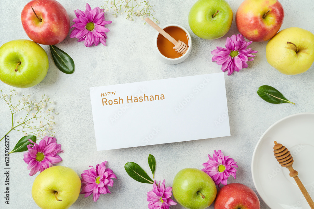Jewish holiday Rosh Hashanah greeting card mock up. Top view border ...