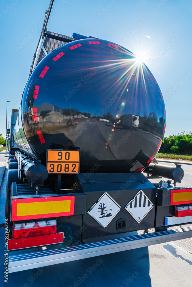 Tanker truck for the transport of dangerous goods under ADR regulations ...