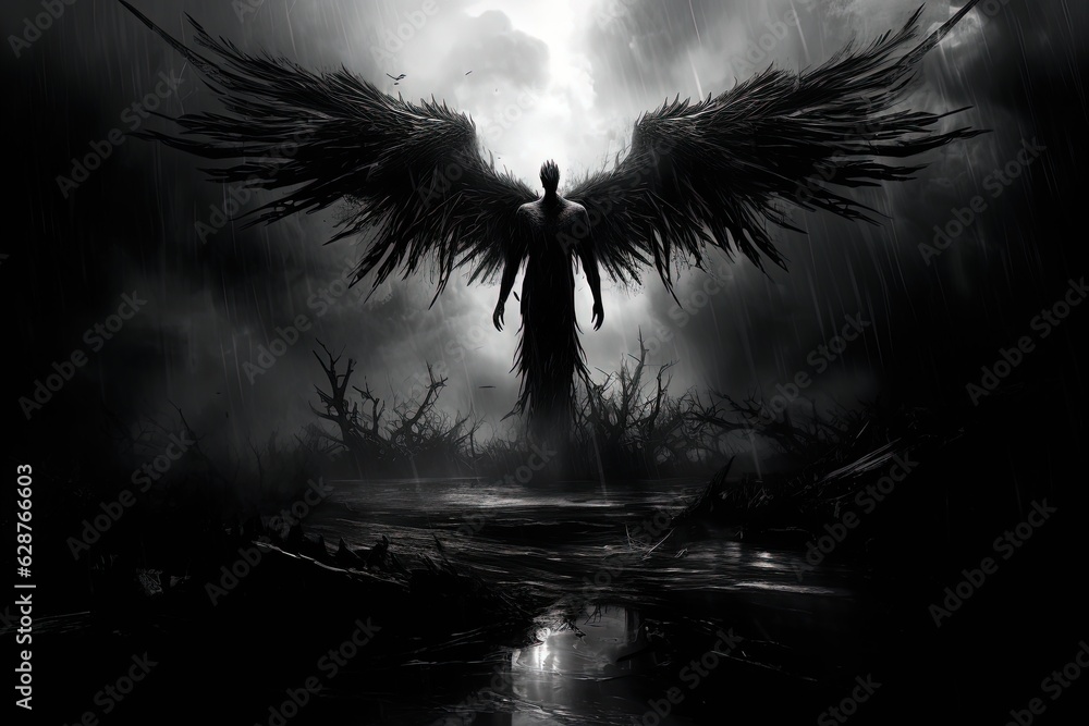 ink art illustration fo dark angel walking in forest with her wing ...