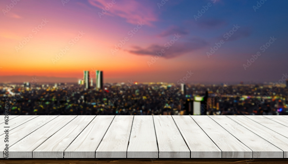Wood table front view with blank city sunset background for product ...