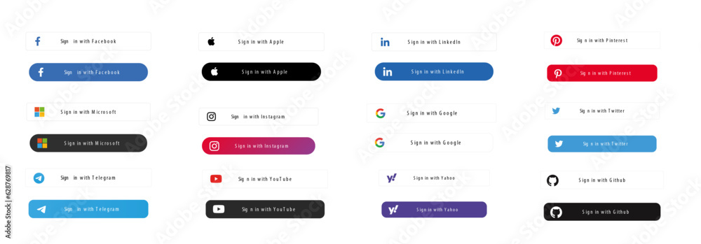 Sign with Google, Facebook, Apple buttons set. Isolated website or app sign in badges on white ...