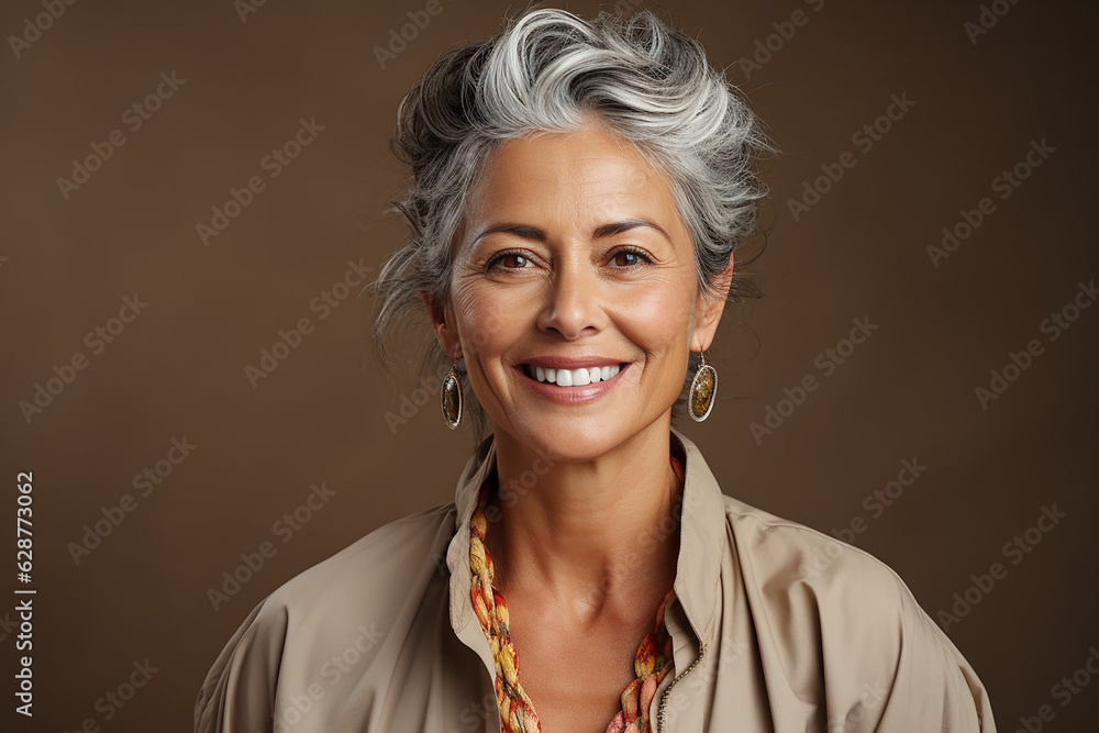 portrait of an elderly beautiful woman 50 years old, with white gray ...
