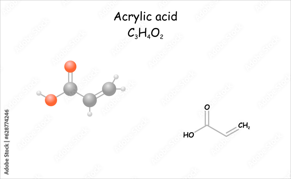 Acrylic acid. Stylized molecule model and structural formula. เวกเตอร์ ...