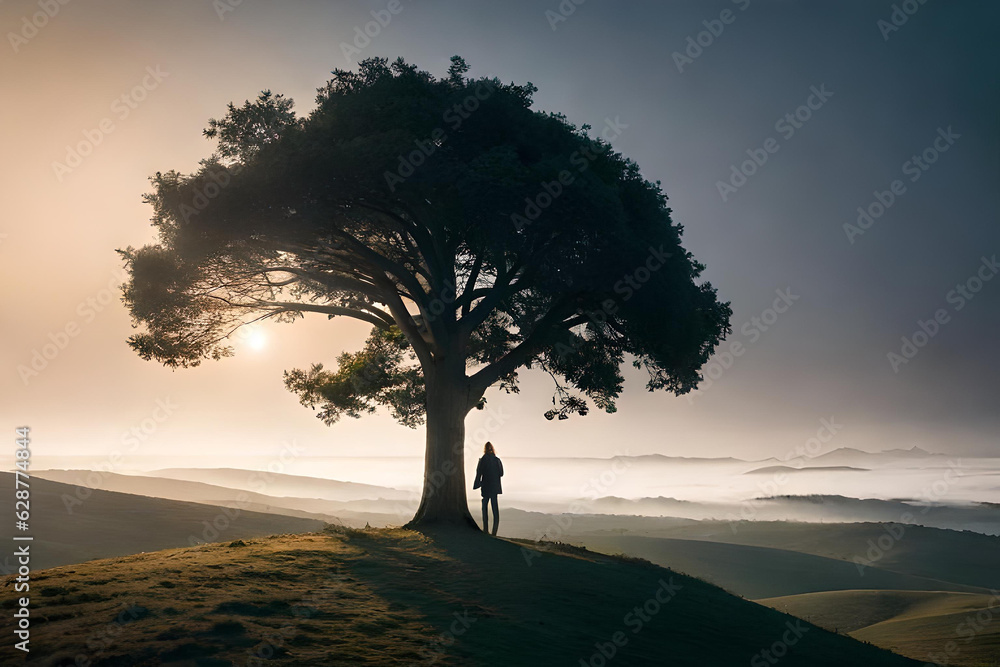 A miry tree and a young lady stand alone on a foggy hill, There is a ...