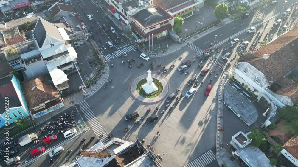 Aerial view of Misty Yogyakarta City with crowded vehicles traffic ...