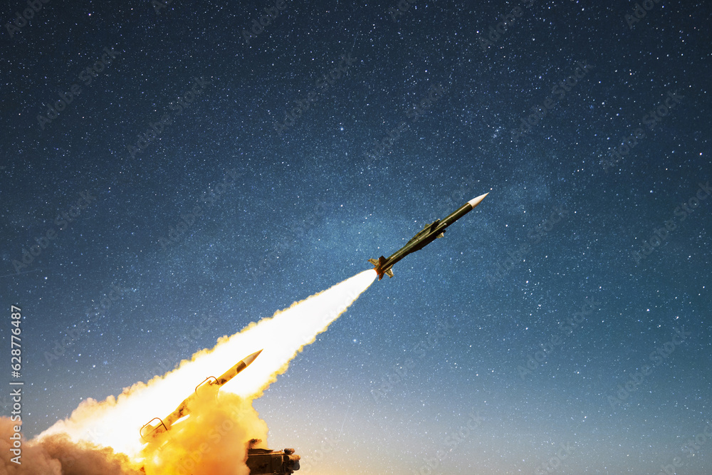 Nuclear missile with smoke and blast launching towards the target on ...