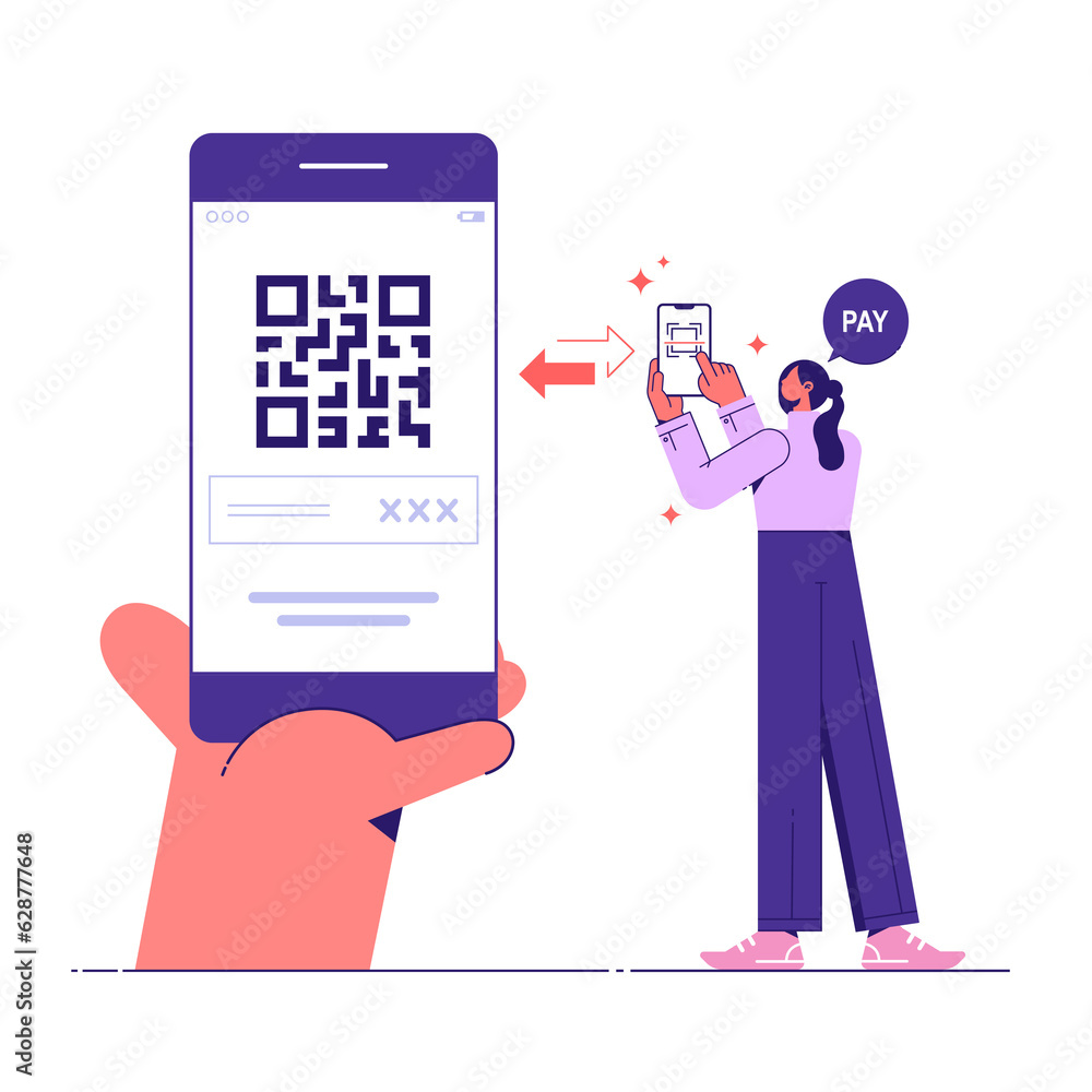 Use mobile cashless payment system or scan qr code, woman holding smartphone to use application ...