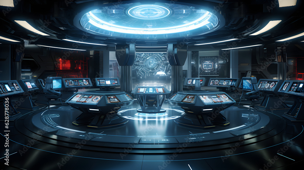 sci fi control room huge room futuristic sensors computers screens maps, Generative AI Stock ...