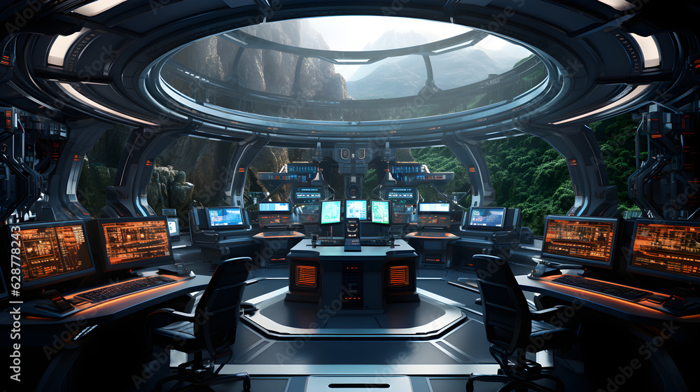 sci fi control room huge room futuristic sensors computers screens maps ...