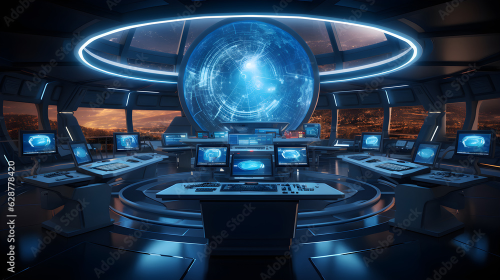 sci fi control room huge room futuristic sensors computers screens maps ...
