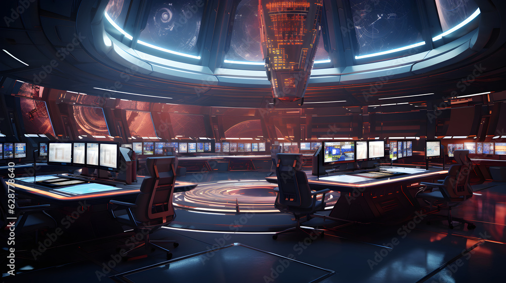 sci fi control room huge room futuristic sensors computers screens maps ...