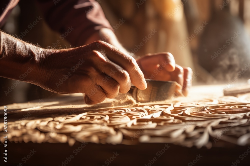 Master old man's hobbyist hands sculpting carving wooden figures ...