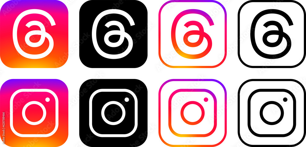 Set instagram and threads logos. Black and Instagram color icons. PNG ...